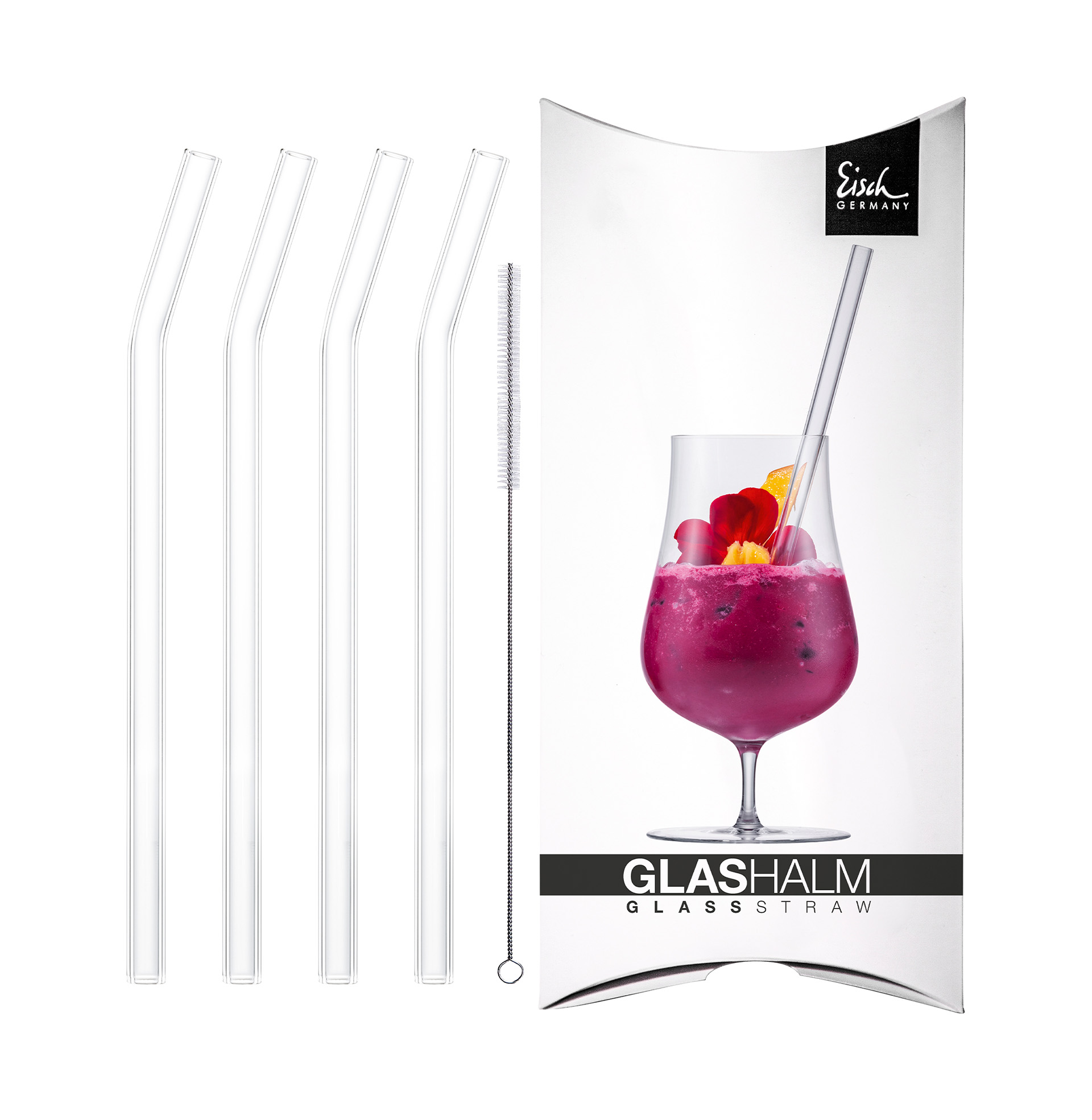 Bent glass straws 4-piece set cleaning brush EISCH